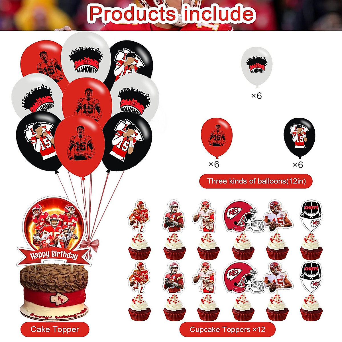 Patrick Mahomes Party Decorations,Football Birthday Party Supplies Includes Banner - Cake Topper - 12 Cupcake Toppers - 18 Balloons