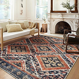 BESTSWEETIE 9x12 Area Rugs, Washable 9x12 Rug, Non Slip Floor Carpet, Low Pile Water Repellent,Ultra Soft Moroccan Rugs for Living Room Bedroom Indoor-Orange/Brown