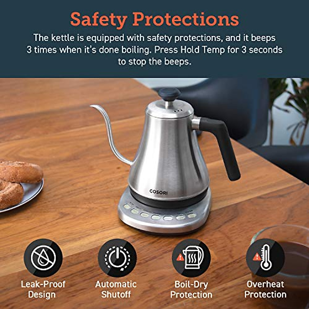 COSORI Electric Gooseneck Kettle with 5 Variable Presets, Pour Over Kettle & Coffee Kettle, 100% Stainless Steel Inner Lid & Bottom, 1200 Watt Quick Heating, 0.8L, Silver