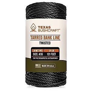 Texas Bushcraft Tarred Bank Line Twine - #36 Black Nylon String for Fishing, Camping and Outdoor Survival – Strong, Weather Resistant Bankline Cordage for Trotline (1/4 lb, Twisted)