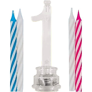Blue Plastic Number 1 Flashing Candle Holder With Birthday Candle Set - 1 Set - Elegant, Eye-catching & Durable - Perfect Cake Topper For Birthday Celebrations