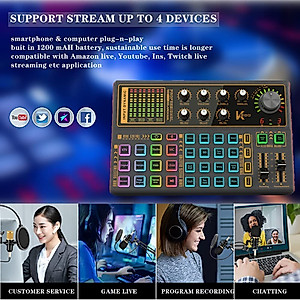 Sound Mixer Board, LED Light Voice Changer Sound Card with Multiple Sound Effects - Live Sound Card