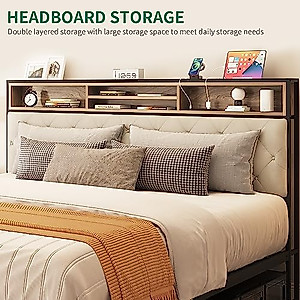 YITAHOME King Size Bed Frame, Platform Bed Frame with Charging Station, Upholstered Storage Headboard & Footboard Metal Slats Supports Mattress Foundation, No Box Spring Needed, Beige