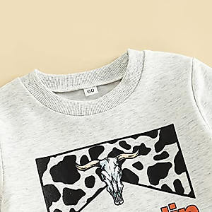 Toddler Baby Girl Fall Outfits Letter Print Sweatshirt Clothes Cow Print Flared Pants Bell Bottom Outfits (Gray, 2-3 Years)