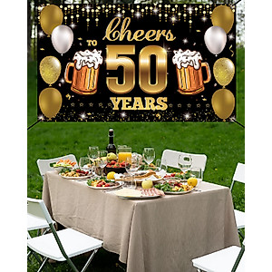 HTDZZI Cheers to 50 Years Backdrop Banner Black Gold, Happy 50th Birthday Decorations for Men Women, Fabric 50 Year Old Birthday Party Yard Sign, 50th Wedding Anniversary
