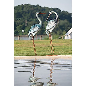 TERESA'S COLLECTIONS Large Blue Heron Garden Statues, 41.7-43.7 inch Standing Crane Sculpture Metal Yard Art Bird Decor Lawn Ornaments for Outdoor Patio Porch Outside Decorations, Set of 2