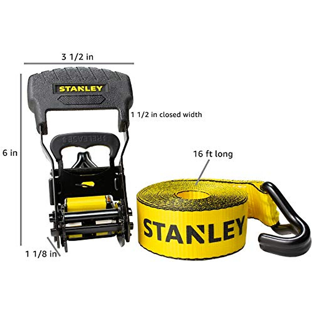 STANLEY S1007 Black/Yellow 1.5" x 16' Ratchet Tie Down Straps - 1,100 lb Safe Working Load / 3,300 lb Break Strength, 2 Pack