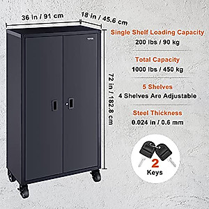 VEVOR Metal Storage Cabinet with Wheels, 200 lbs Load Capacity per Shelf, 72'' Tall Powder-Coating Steel Garage Cabinet with 4 Adjustable Shelves, Magnet Doors & Lock, Perfect for Office Home Garage