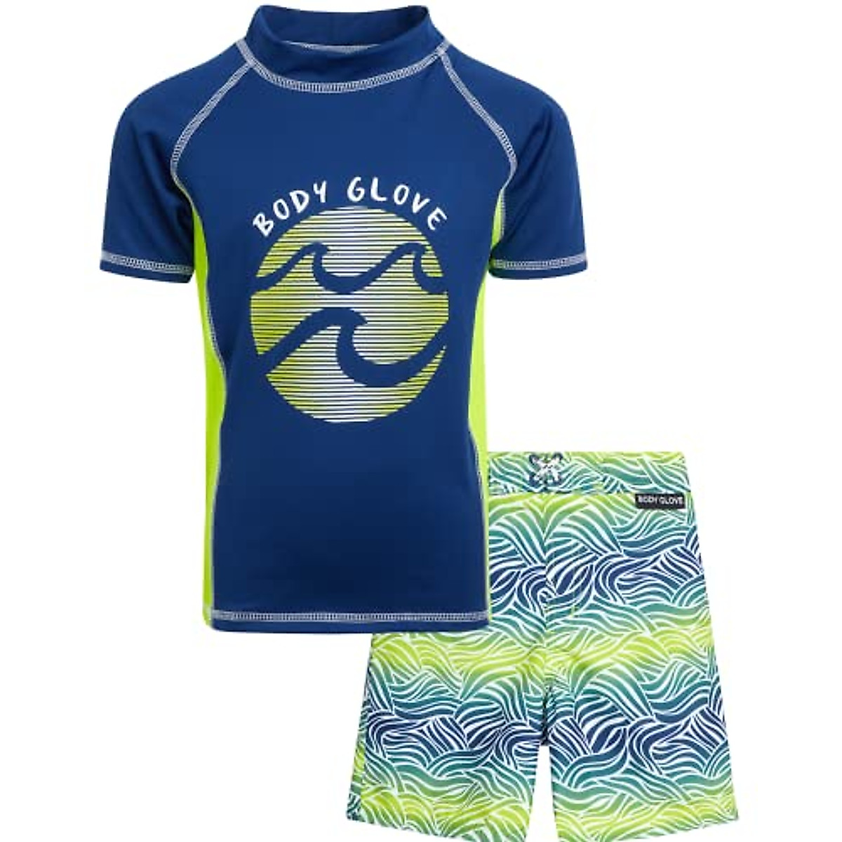 Body Glove Boys’ Rash Guard Set - UPF 50+ Swim Shirt and Bathing Suit Trunks - Swimwear Set for Boys (4-12), Size 8, Navy Green Swirls