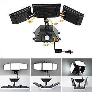 DLLT 50W Security Lights Motion Outdoor, LED Flood Light Fixture with 3 Adjustable Heads, IP65 Waterproof, 6000K Daylight Super Bright Exterior Lights Wall Mounted for Garage, Yard, Porch, Garden