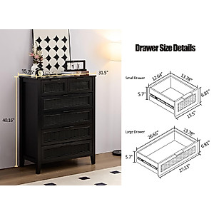 BOSHIRO Dresser for Bedroom, 6 Chests of Drawers, Rattan Drawer Dresser, Boho Dresser, Tall Dresser Modern 6 Drawer Dresser, Black Dresser for Closet, Home Office