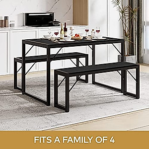 Gizoon 45.5" Dining Table Set for 4, Kitchen Table Set with 2 Benches, Dining Room Table Set with Metal Frame & MDF Board, Space-Saving Dinette for Kitchen, Dining Room -Black