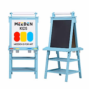 MEEDEN Art Easel for Kids: Double-Sided Solid Pine Wood Kids Easel with Paper Roll - All-in-One Kids Art Easel with Chalkboard & Magnetic Whiteboard - Walnut