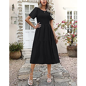 Ellakoko Summer Dresses for Women 2023 Casual Short Sleeve Modest A Line Crew Neck Ruffle Tiered Smocked Midi Black Dress Solid Black M