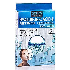 AZURE Hyaluronic Acid & Retinol Anti Aging Facial Mask - Dermatologist Tested - Rejuvenating & Hydrating Face Mask - Helps Reduce Fine Lines & Wrinkles, Smooths & Repairs - Korean Skin Care - 5 Pack