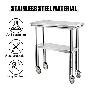 Stainless Steel Work & Prep Table with Caster Wheels and Under Shelf for Restaurant, Home, Hotel,24''x12''
