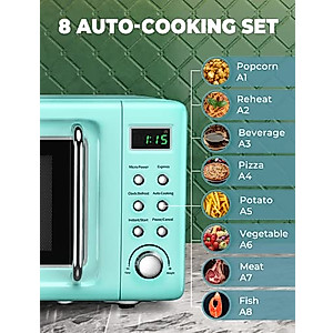 Retro Microwave Oven, SIMOE Small Countertop Microwave 0.7 cu. ft. 700W with 8 Preset Cooking Options (Mint Green)
