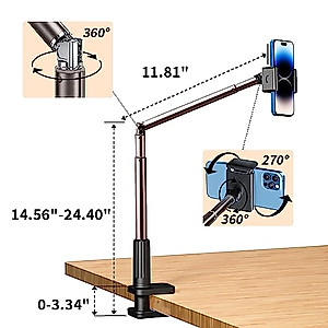 yAyusi Overhead Phone Mount for Recording,Phone Stand for Recording Overhead,Articulating Arm Cell Phone Holder with LED Ring Light, Desk/Bedside Tripod for YouTube Live Stream Cooking Video Recording