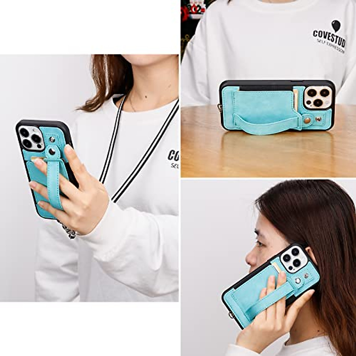 TOOVREN iPhone 13 Pro Max Case Wallet, Compatible with iPhone 13 Pro Max Case with Card Holder Kickstand Adjustable Detachable Necklace, iPhone Lanyard for iPhone 13 Pro Max 6.7 inch 2021 Green