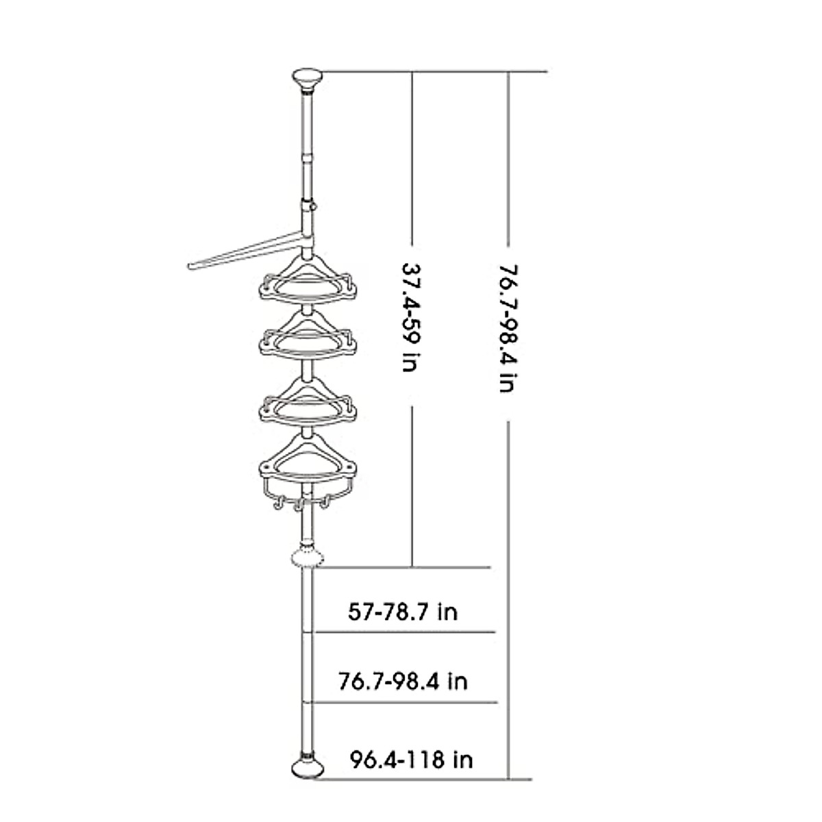 Possday Adjustable Shower Caddy Stainless Steel Shower Rack Corner, 4-layer Adjustable Shelf with Pull Rod, Drill-free Shower Rack, 72-122 inches, White