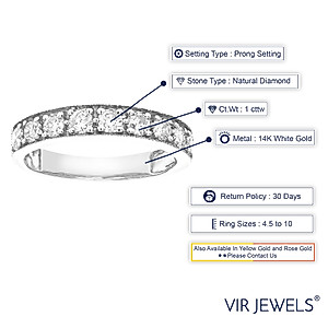 VIR JEWELS 1 cttw Diamond Wedding Band For Women, Milgrain Diamond Wedding Band in 14K White Gold Prong Set, Size 9.5