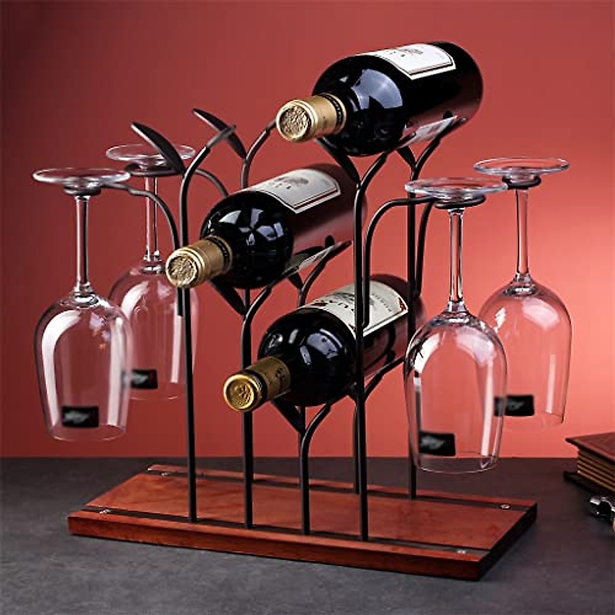 YFQHDD Iron Wire Forest Leaf Wine Rack Stand Hanging Drinking Glasses Stemware Rack Shelf Wine Bottle & Glass Cup Holder Display (Color : E, Size