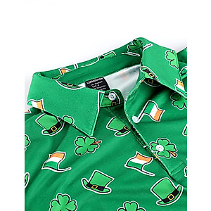 Men's Saint Patricks Day Polo Shirt Irish Shamrock Four Leaf Lucky Clover Short Sleeve Golf Top, Dark Green, Medium