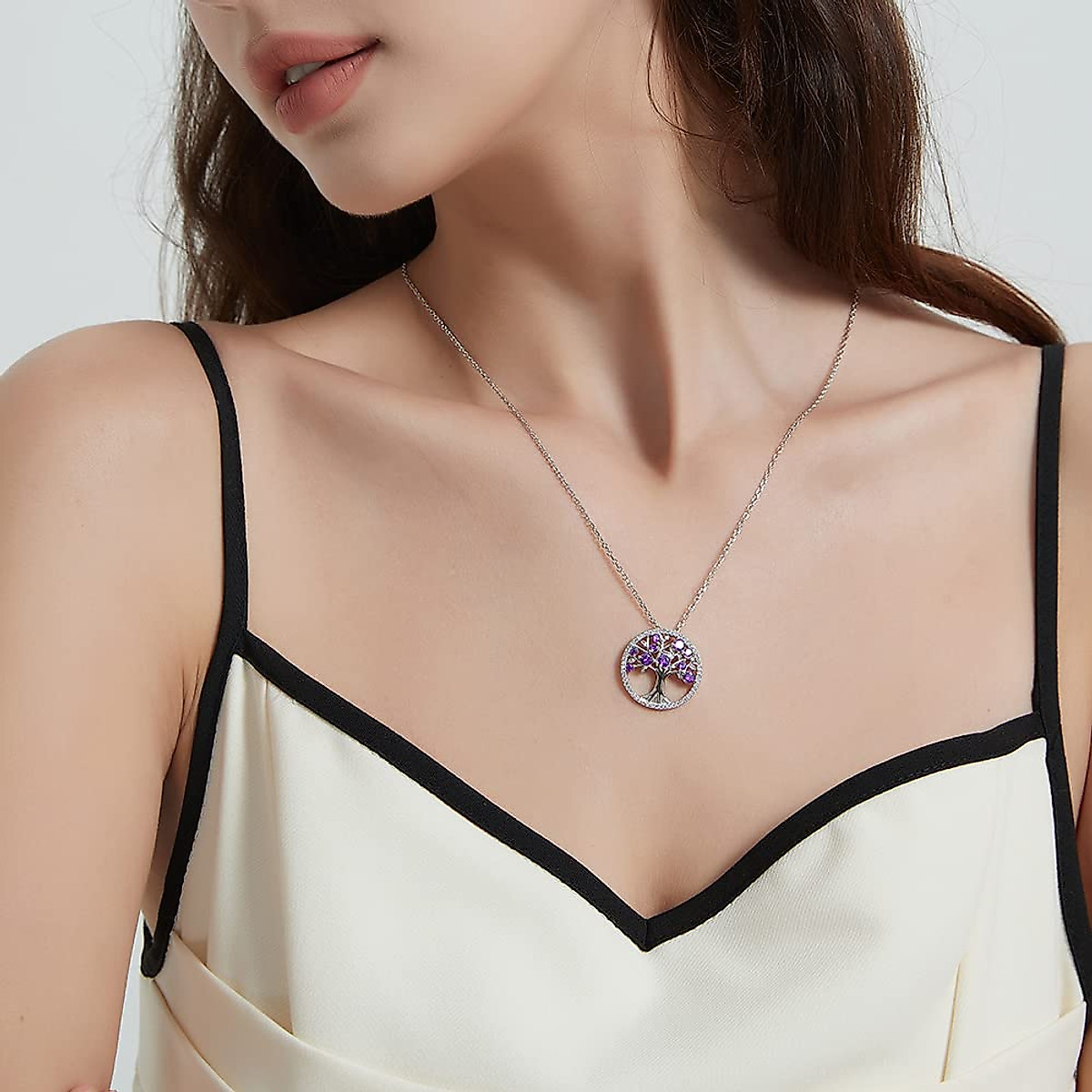 Zes-Husa February Birthstone Amethyst Jewelry Tree of Life Birthstone Pendant Necklace for Women Girls Valentines Day Gifts, Sterling Sliver Necklace Anniversary Birthday Gifts for Mom Wife