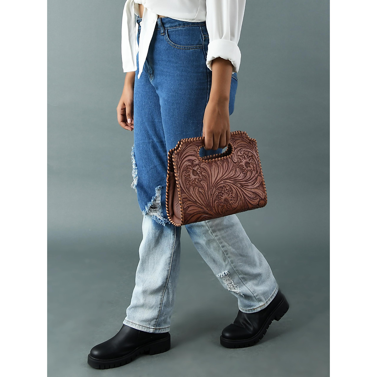 Western Handcrafted Leather Clutch Purse - Vintage Floral Design, Handmade Embossed Handbag for Women