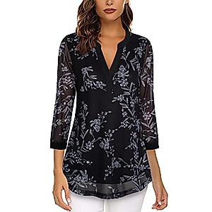 Timeson Ladies Tops and Blouses,3/4 Sleeve Tops for Women V Neck Blouses for Women Dressy Tunic Tops to Wear with Leggings Business Attire Office Interview Work Professional Dress Shirts Black Large