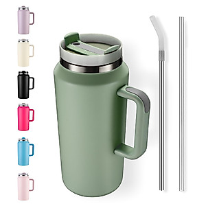 PlanetFlame 64oz Insulated Tumbler with Handle, Stainless Steel Double Wall Vacuumn Water Bottle, Lid and Straw for School, Gym, Hiking & Camping, Green