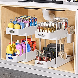 Under Sink Organizers and Storage,2 Pack Kitchen Under Sink Organizer with Sliding Storage Drawer with Hooks and Hanging Cups, 2 Tier Under Sink Storage for Cabinet Bathroom Kitchen