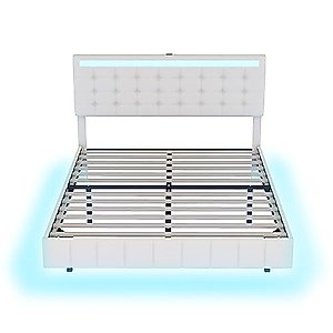 Goujxcy Queen Size Floating Bed Frame with LED Lights and USB Charging, Modern Upholstered Platform LED Bed Frame with Button Tufted Headboard (White 1+PU)