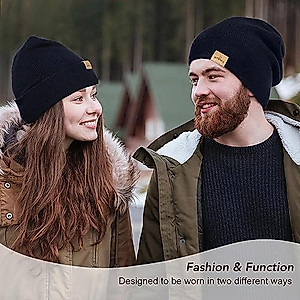 Hysnan Mens Beanie Merino Wool Warm Hats for Women Men Knit Slouchy Double Layer Warm Cuffed Skull Beanie Skiing Skating Black