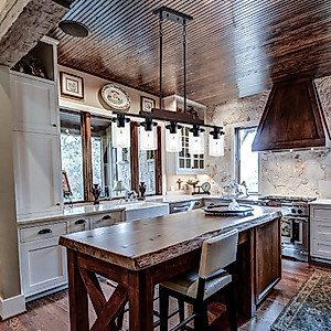 Dining Room Light Fixture/Chandelier Over Table,5-Light Kitchen Island Lighting Hanging for Farmhouse Linear Chandeliers Matte Black Rustic Wood Ceiling Pendant Light Fixtures with Clear Glass Shade