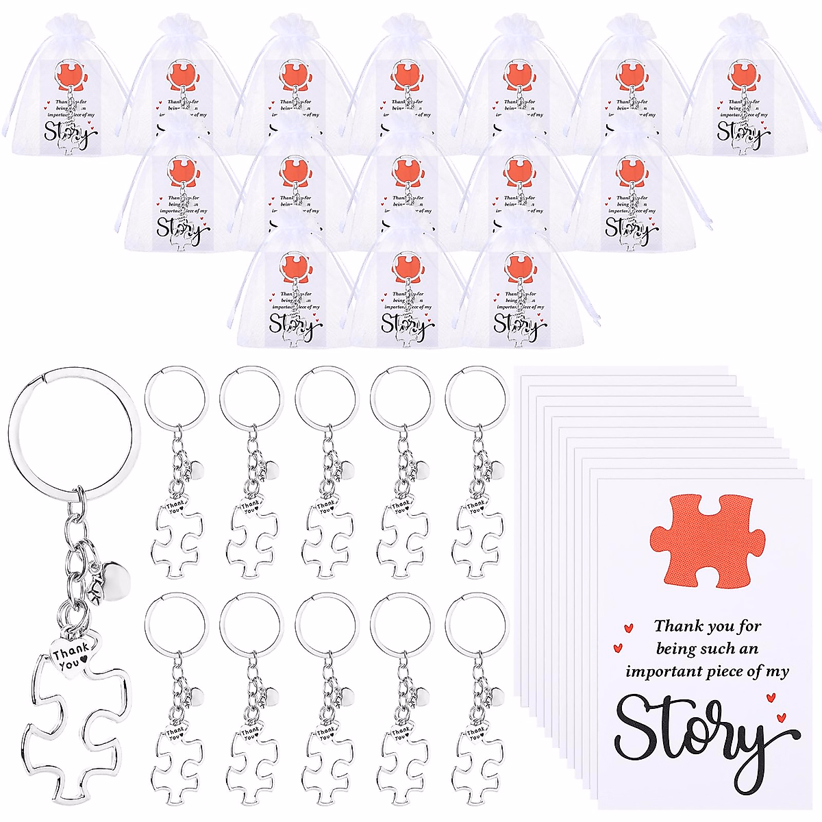 Landical 30 Sets Christmas Thank You Gift Bulk Teacher Appreciation Gifts Puzzle Keychain with Thank You Card Organza Bag for Teacher