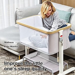 RONBEI Baby Bassinet with Breathing Baby Monitor, Bedside Sleeper with Storage Basket and Wheels, Easy Folding Bassinets for Baby and Monitor Baby Heart Rate Breathing Rate