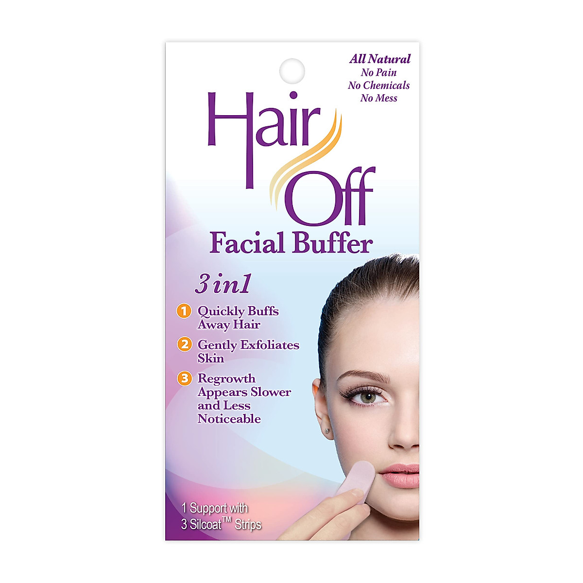 Hair Off Facial Buffer - All-Natural, Pain & Chemical Free Facial Hair Remover - Exfoliates Skin - Hair Inhibitor & Slows Regrowth - Good for Travel & Touch-Ups (3 Buffers Per Box, Pack of 1)