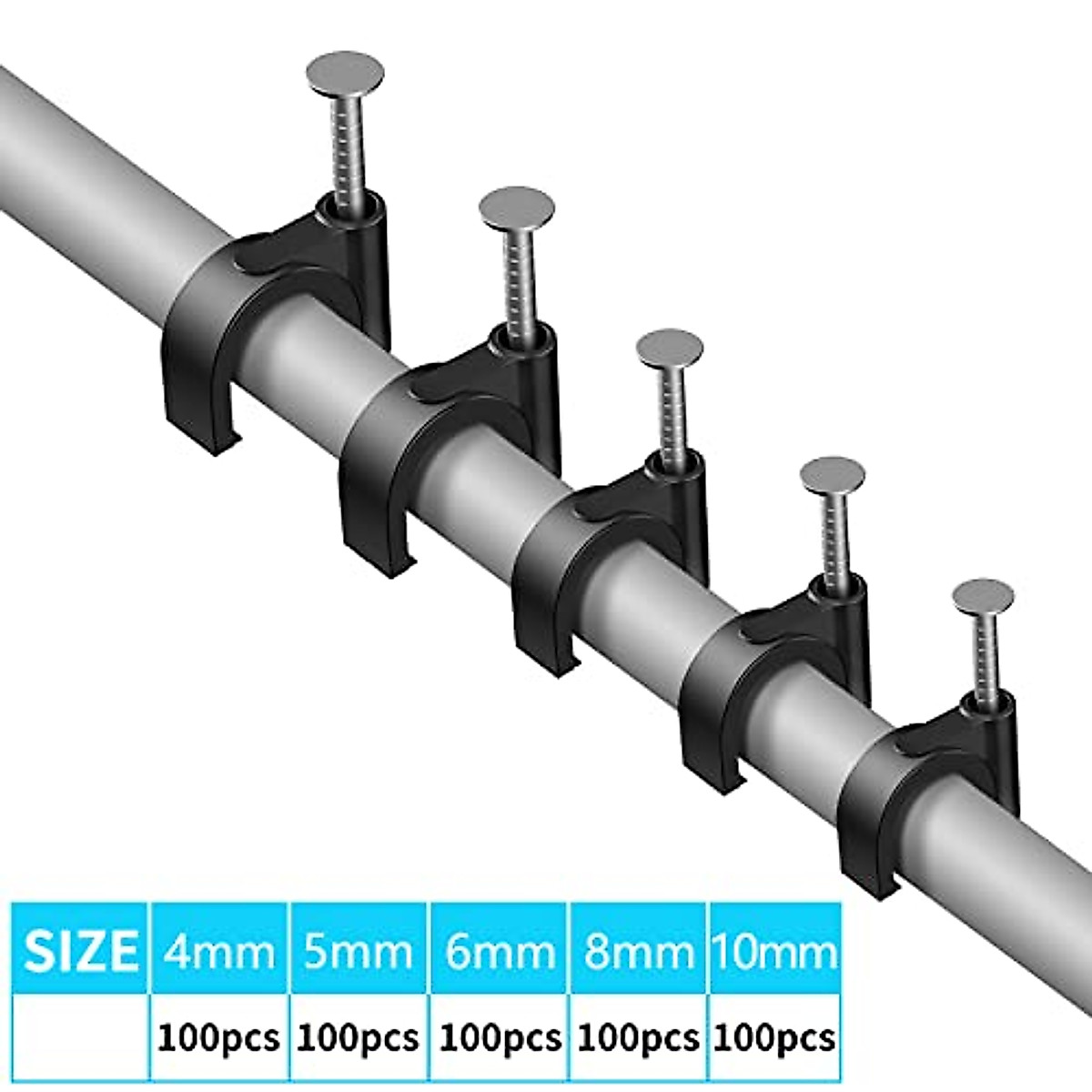Cable Clips Black with Steel Nails, 500PCS 4/5/6/8/10mm Cable Wire Clips Cable Tacks Coax Nails for RG6, RG59, CAT6, RJ45 Ethernet Cable Clips