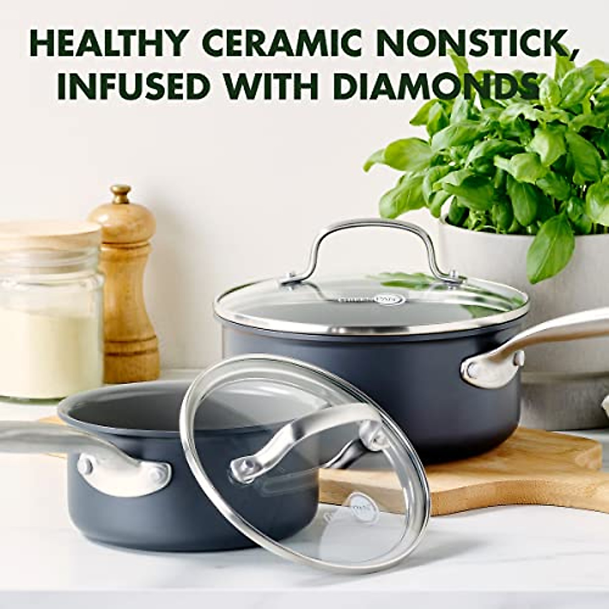 GreenPan Chatham Hard Anodized Healthy Ceramic Nonstick, 1.1QT and 2.1 QT Saucepan Set with Lids, PFAS-Free, Dishwasher Safe, Oven Safe, Gray