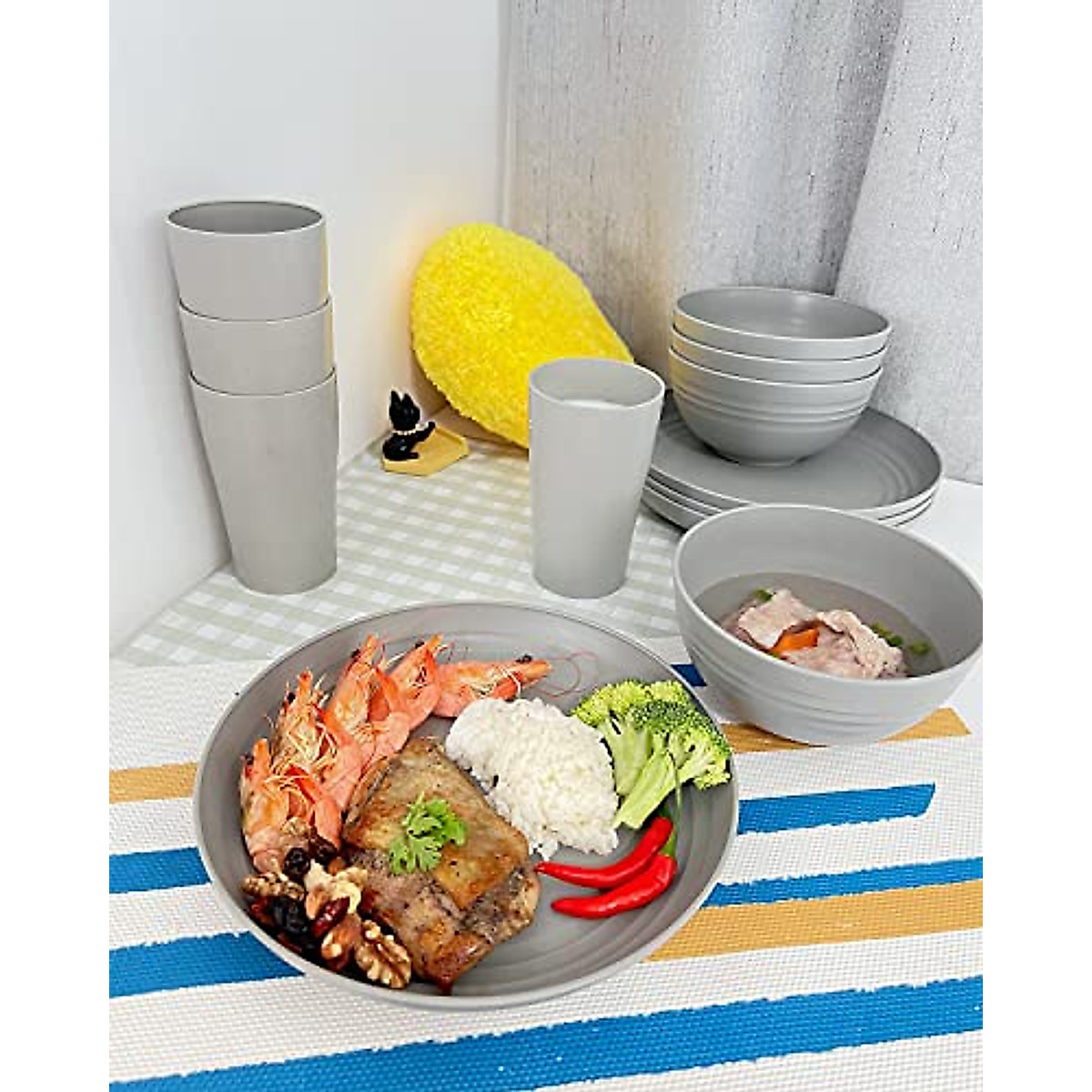 KITWILD Wheat Straw Dinnerware Sets, 12-Piece Lightweight Plastic Dinnerware Set with 8.9 Inch Unbreakable Plates, Bowl Set and Cup Set, BPA free, Dishwasher & Microwave Safe, Service for 4 - Grey