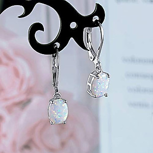 Leveback Dangle Earrings Created White Oval Opal 6x8mm for Women Teen Girls Nickel Free 18k White Gold Plated OPALTOP