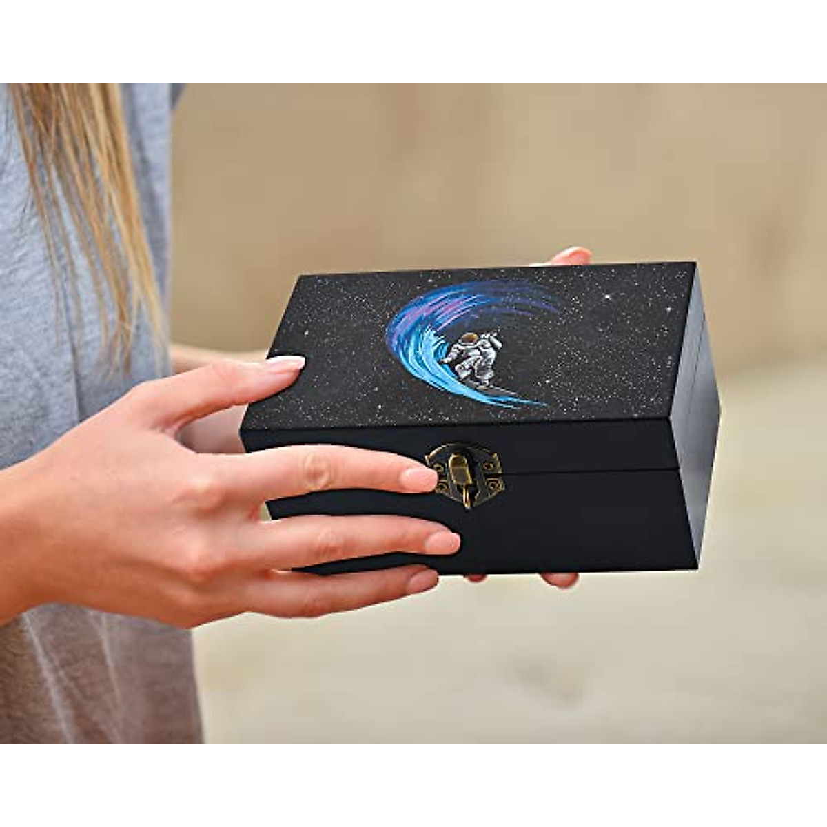 Premium Bamboo Storage Box with Metal Padlock and Keys by Stash House Supply Co. - With Tray, Resealable Pouch, Airtight Jar - Unique Design, Great Gift for all Occasions (Galaxy Waves)