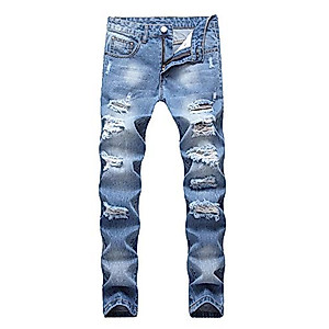 Enrica Men's Ripped Distressed Destroyed Straight Fit Washed Denim Jeans(405 Blue, 44)