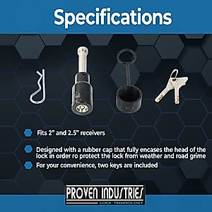 Proven Industries Model HL1 Receiver Hitch Pin Lock, Fits 2-Inch or 2 1/2-Inch Receivers, Made in The USA, (Black)