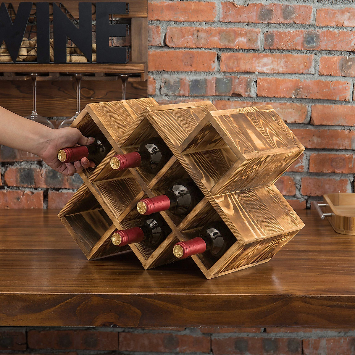 MyGift Vintage Gray Solid Wood Tabletop Wine Bottle Holder Rack with Geometric Cross Hatch Design, Vertical or Horizontal Display, Holds up to 8 Bottles