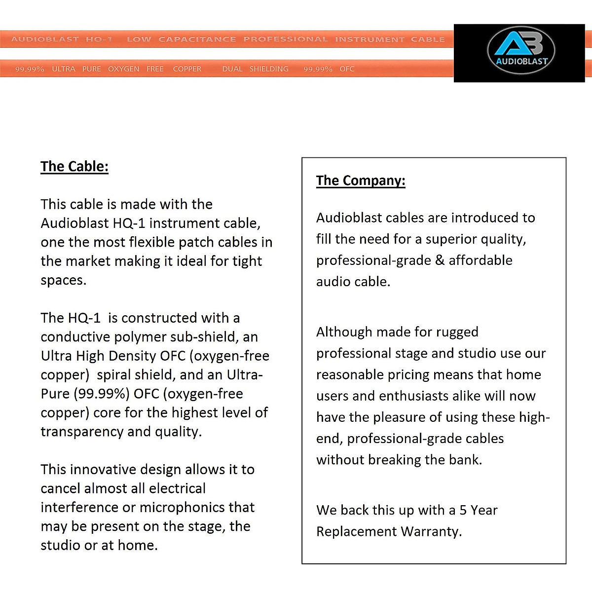 Audioblast - 6 Units - 6 Inch - HQ-1 (Orange) - Ultra Flexible - Dual Shielded (100%) - Instrument Effects Pedal Patch Cable w/ ¼ inch (6.35mm) Low-Profile, R/A Pancake TS Plugs & Dual Staggered Boots
