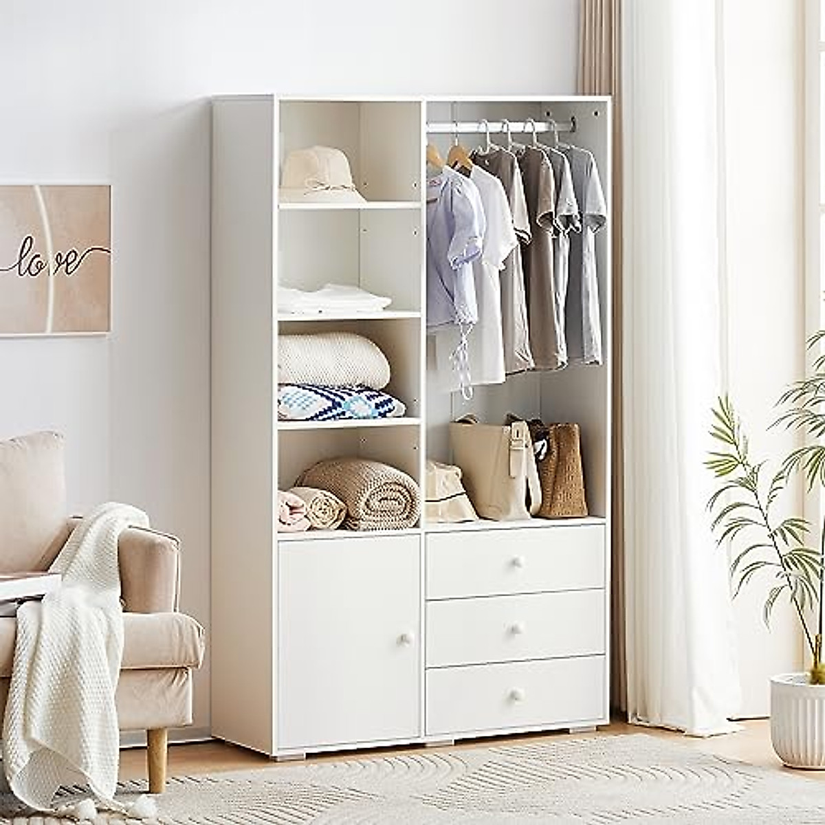 UDeuxff Bedroom Armoire，Wardrobe Armoire Closet, Drawers and Shelves, Handles, Hanging Rod, for Bedroom ，White (A)