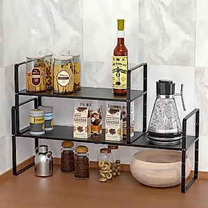 GEDLIRE Expandable Kitchen Cabinet Shelf Organizers 2 Pack, Stackable Metal Pantry Storage Shelves Rack, Adjustable Counter Shelf for Cabinets, Countertop, Cupboard Organizers and Storage, Black