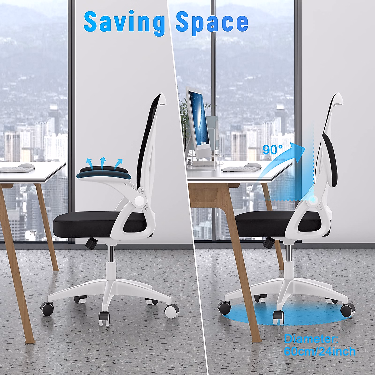 naspaluro Ergonomic Office Chair, Mid-Back Computer Chair with Adjustable Height, Flip-Up Arms and Lumbar Support, Breathable Bright White Mesh Desk Chair for Home Study Working